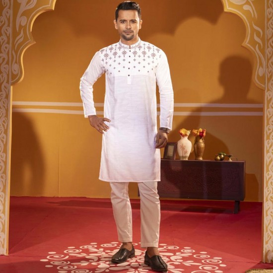 Short Panjabi - White printed cotton regular fit ekchat Panjabi - Send ...
